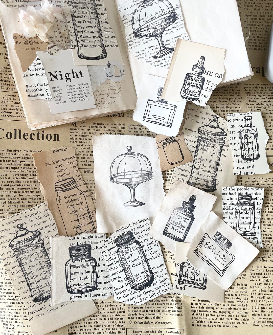 Ephemera - Hand Stamped Glass Jar/bottle | 10 Pieces | Vintage Book ...