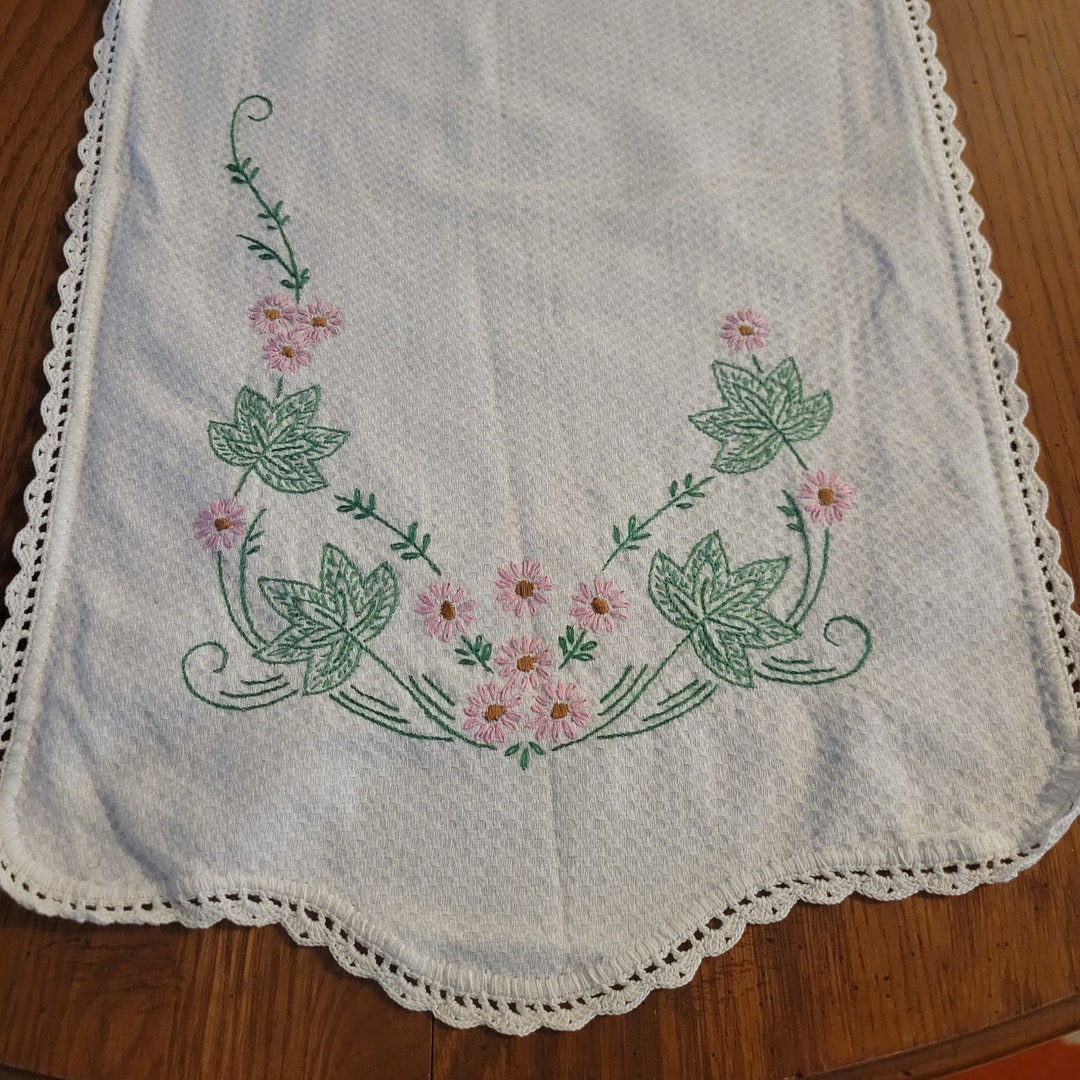 Hand Embroidered Linen Table Runner Doily Dresser Scarf Vintage Spring ...