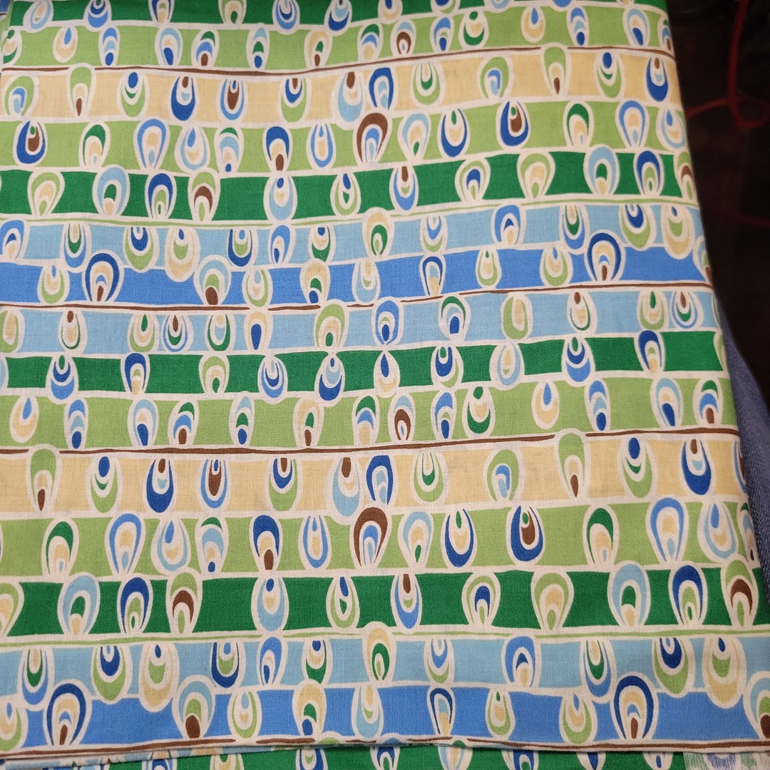 Blue, Green, Beige, White Lines of Loops Fabric Cotton Fabric, Quilting ...