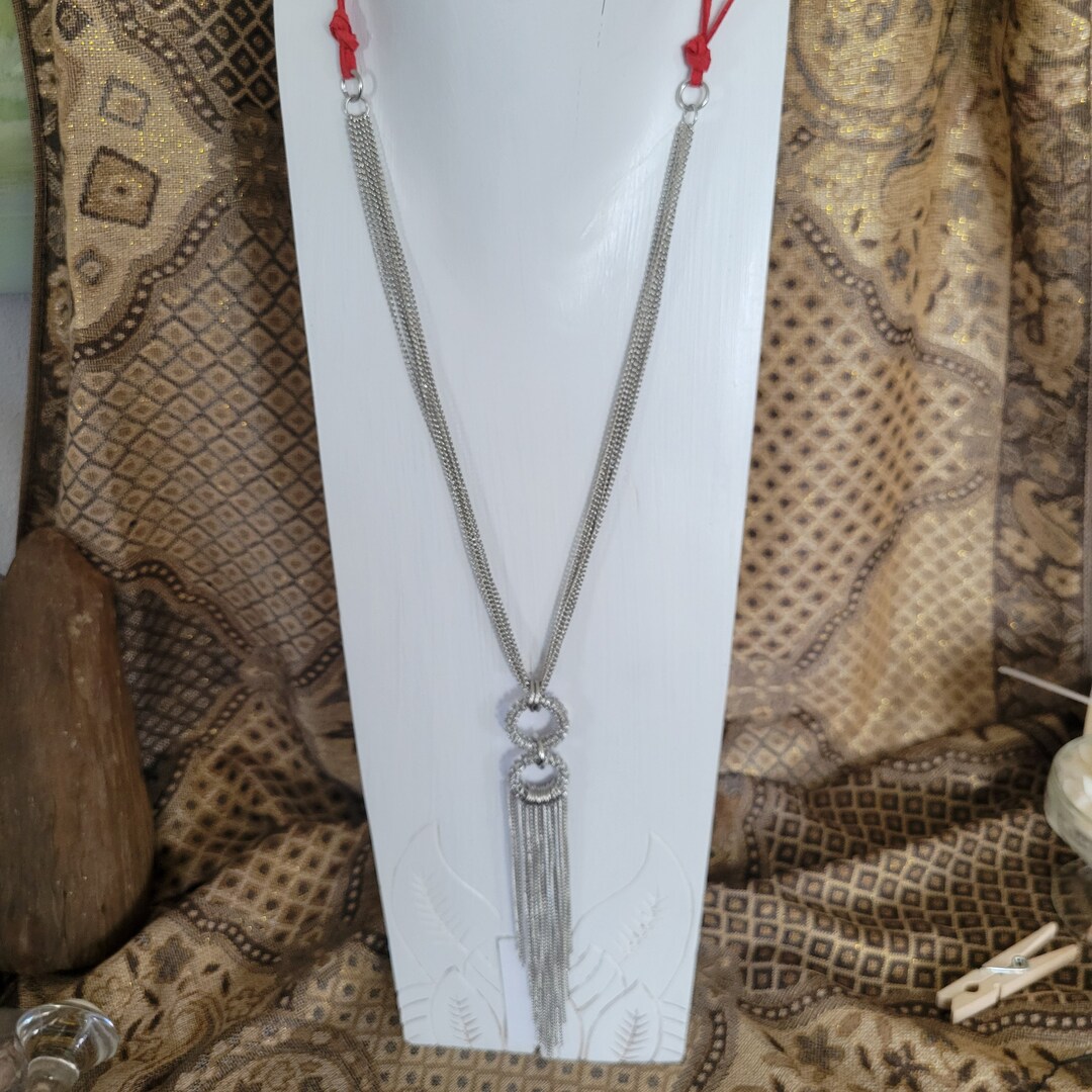 30 " Red Leather and Multiple Silver Chain Chain Necklace With 7" Chain ...