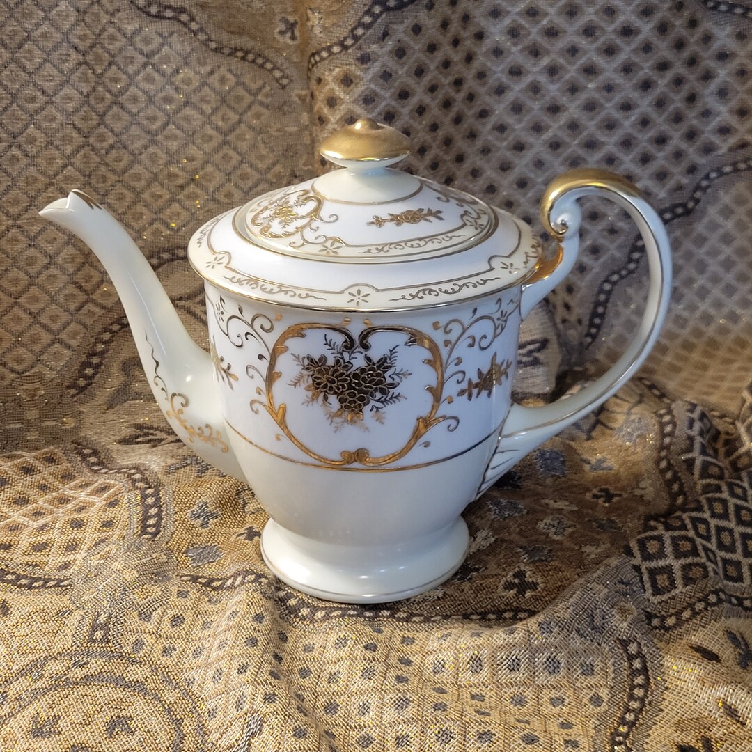 Teapot, Cups, Saucers, Luncheon Plates, Gold Encrusted Scrolls & Flower ...