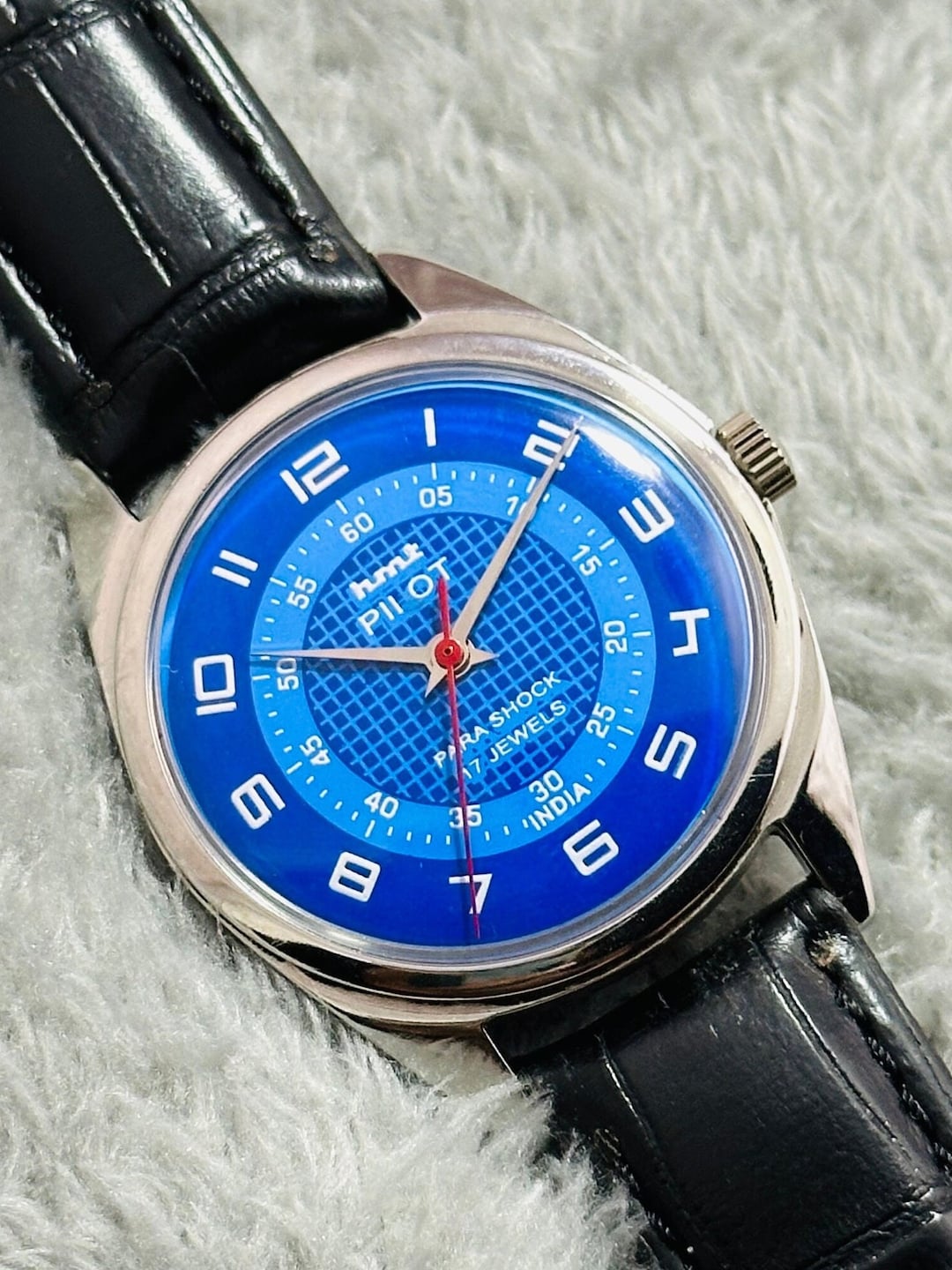 Vintage HMT Pilot Blue Dial Hand Winding Men's Watch Movement 17 Jewels ...