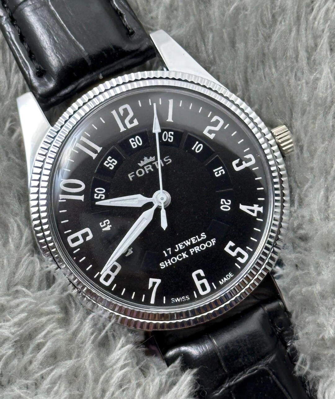 Rare Vintage Fortis Black Dial Hand Winding FHF Movement ST-96 Swiss ...