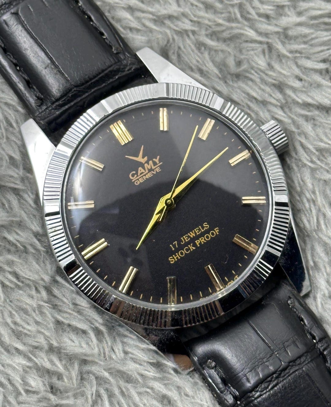 Rare Vintage Camy Black Dial Hand Winding FHF Movement ST-96 Swiss Mens ...