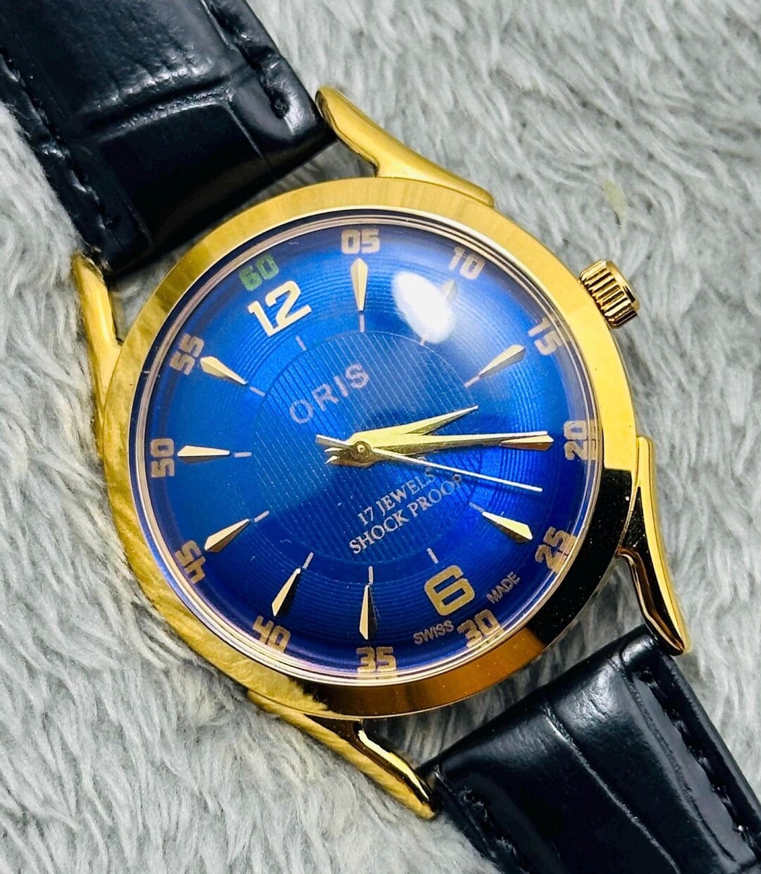 Rare Vintage ORIS Blue Dial Gold Case Hand Winding FHF Movement ST-96 ...