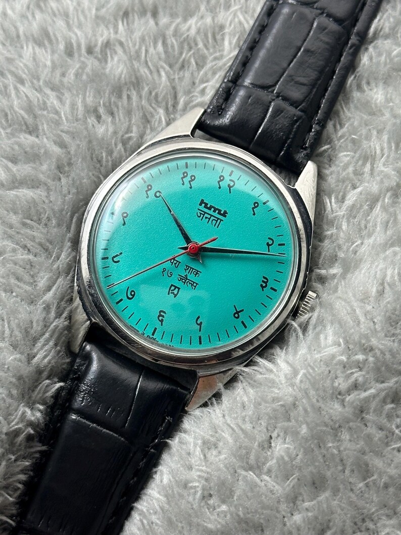 Vintage HMT Janata Hindi Cyan Dial Hand Winding Men's Watch Movement 17 ...
