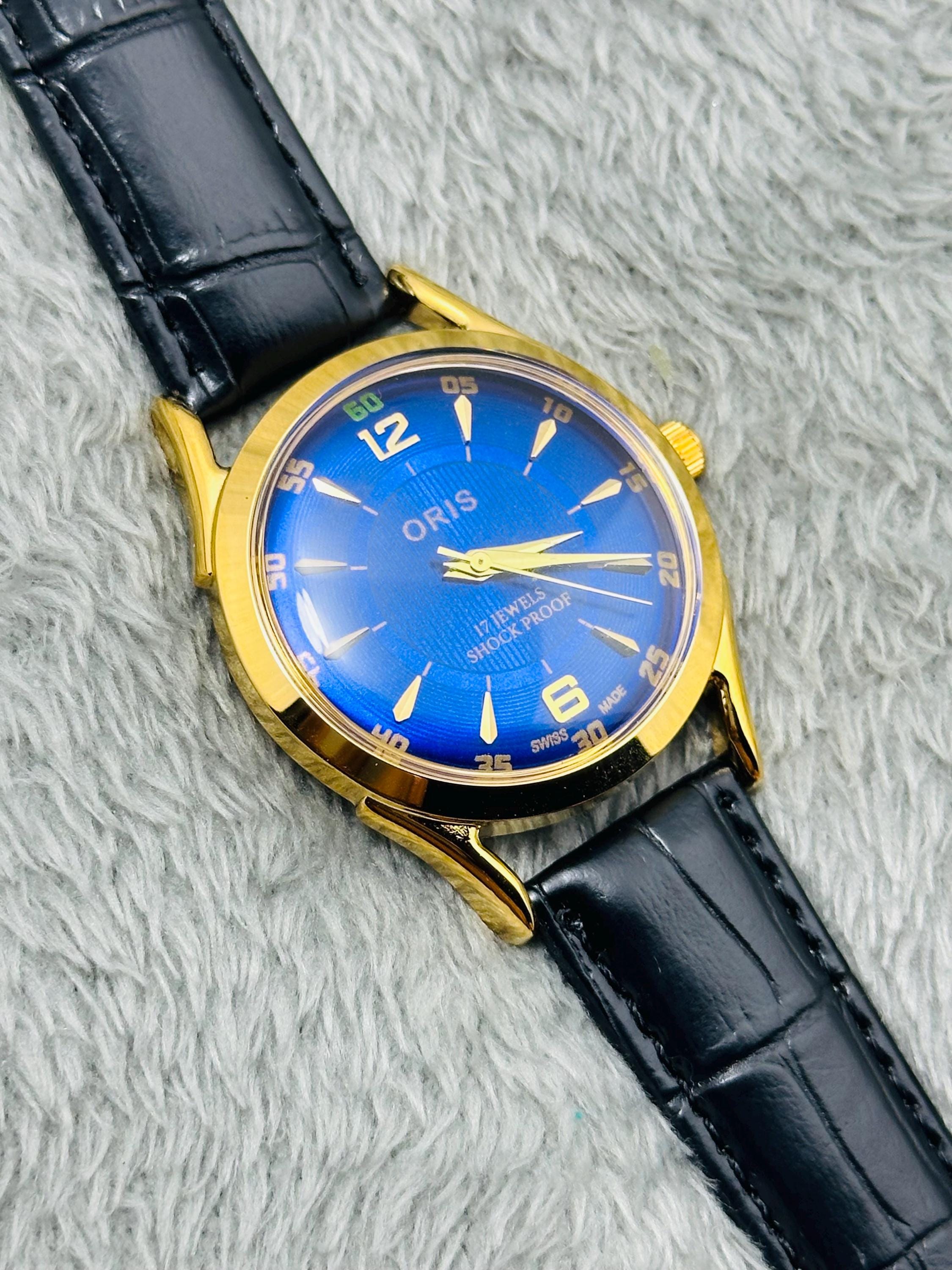 Rare Vintage ORIS Blue Dial Gold Case Hand Winding FHF Movement ST-96 ...