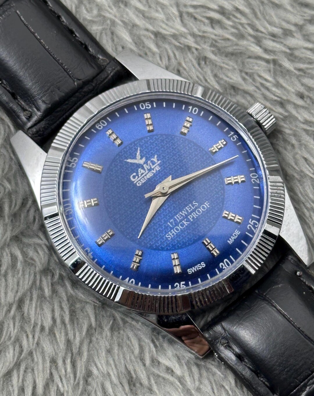 Rare Vintage Camy Blue Dial Hand Winding FHF Movement ST-96 Swiss Mens ...