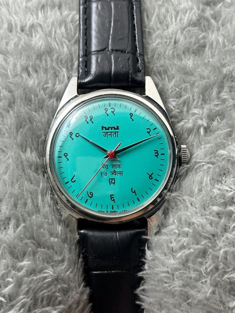 Vintage HMT Janata Hindi Cyan Dial Hand Winding Men's Watch Movement 17 ...