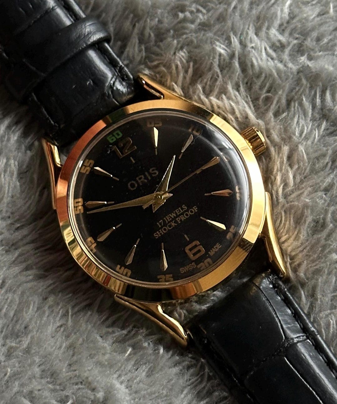 Vintage ORIS Hand Winding Watch, Black Dial Gold Case, Swiss Made St 96 ...