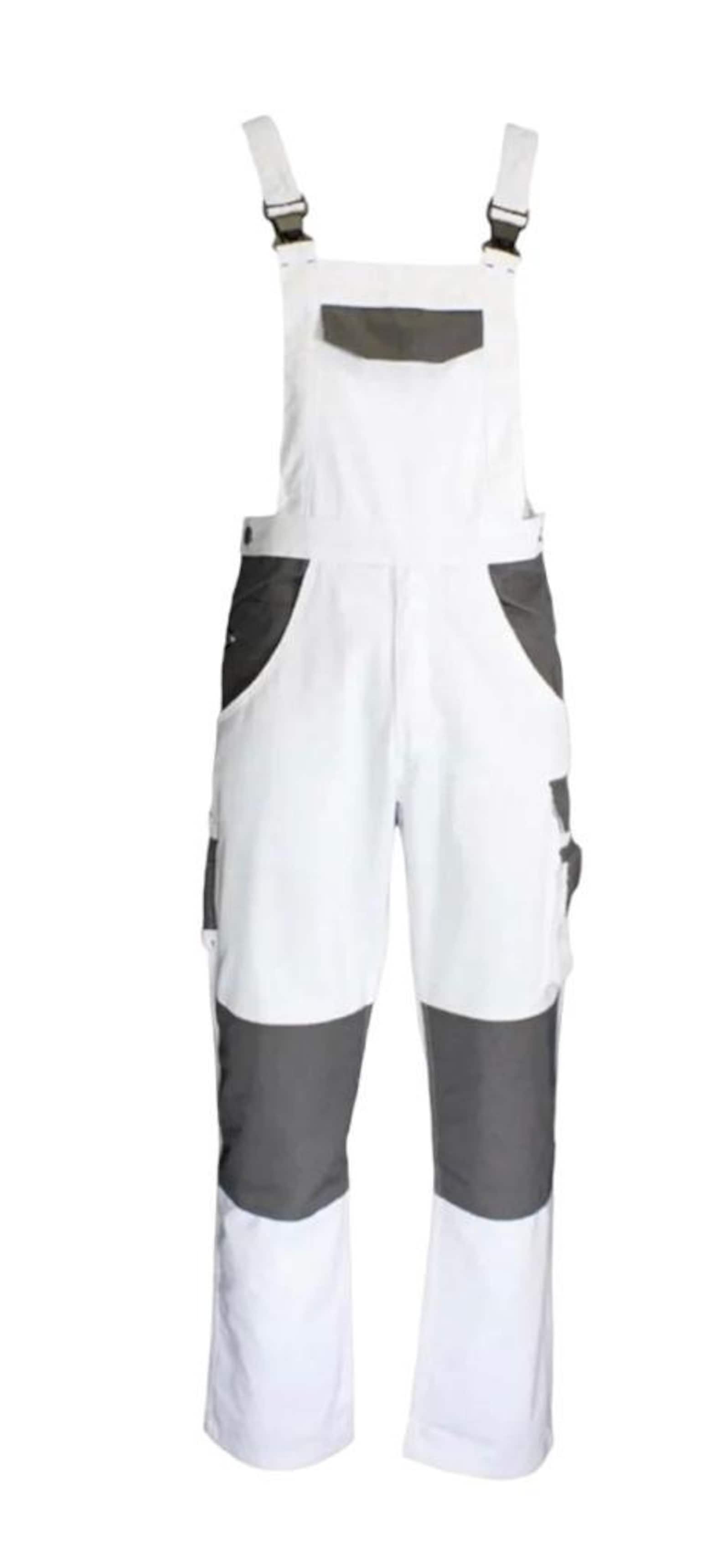 Men's Painters Decorators Bib & Brace Overalls Knee Pad Pockets White ...