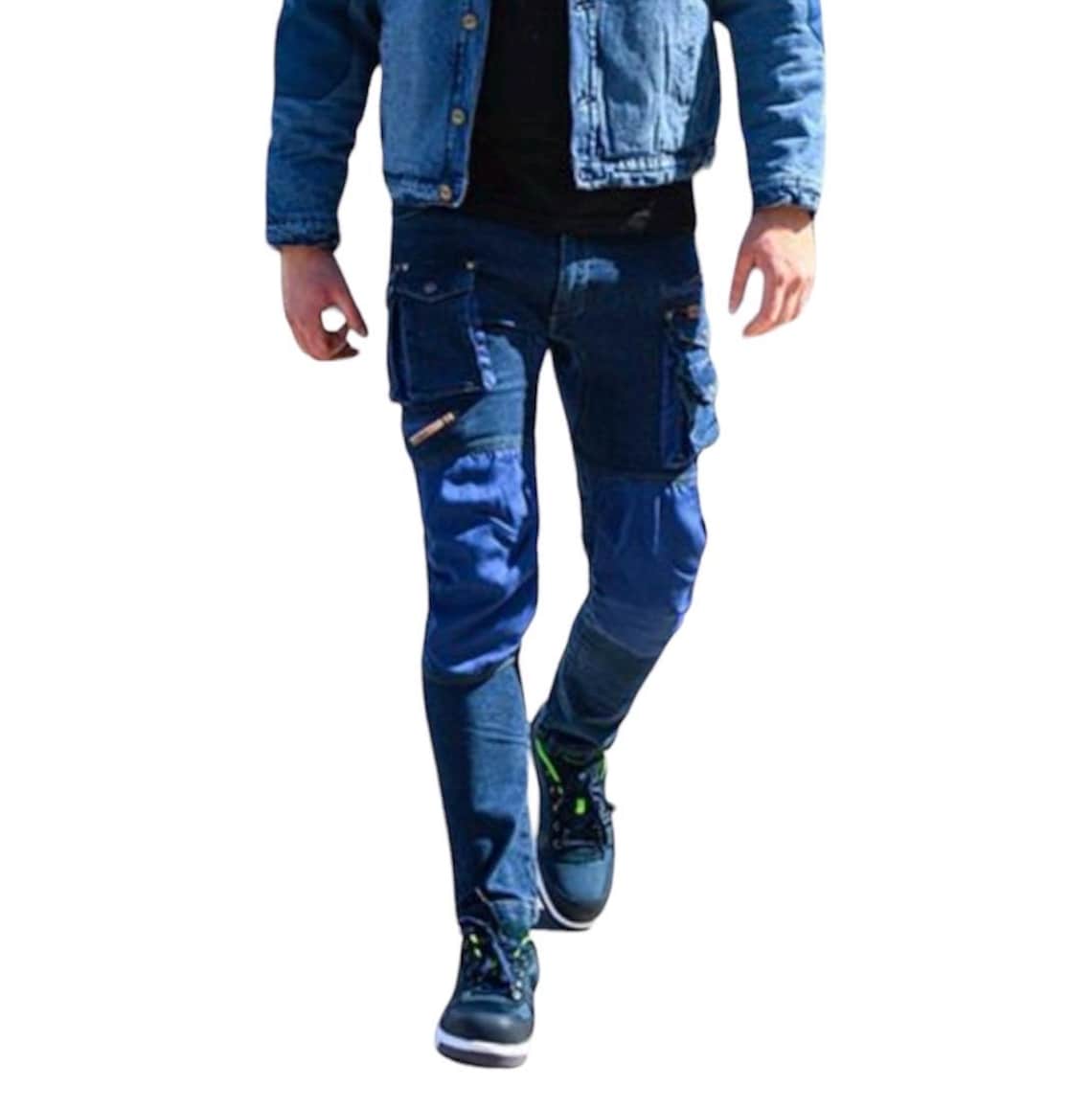 Mens Combat Cargo Slim Fit Stretch Heavy Duty Work Jeans With Knee Pad ...