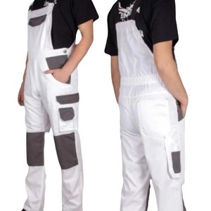 Men's Painters Decorators Bib & Brace Overalls Knee Pad Pockets White ...