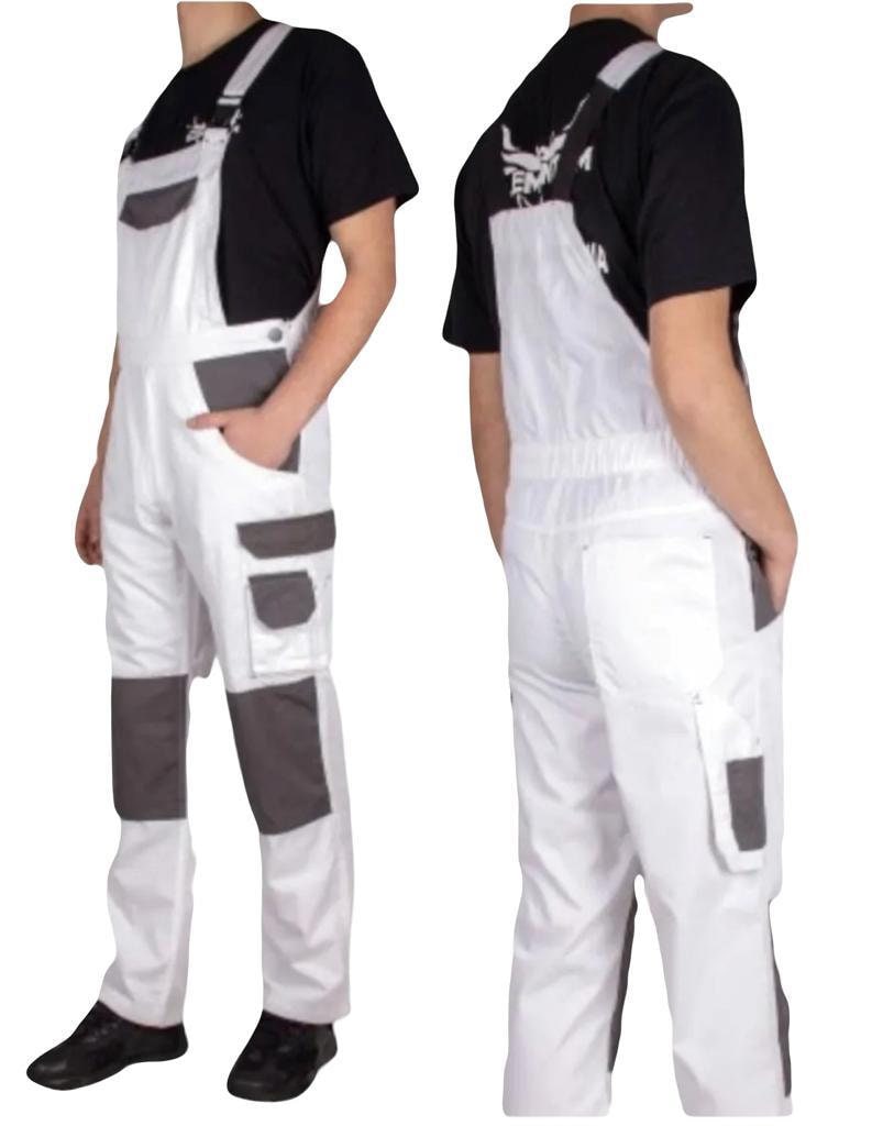 Men's Painters Decorators Bib & Brace Overalls Knee Pad Pockets White ...