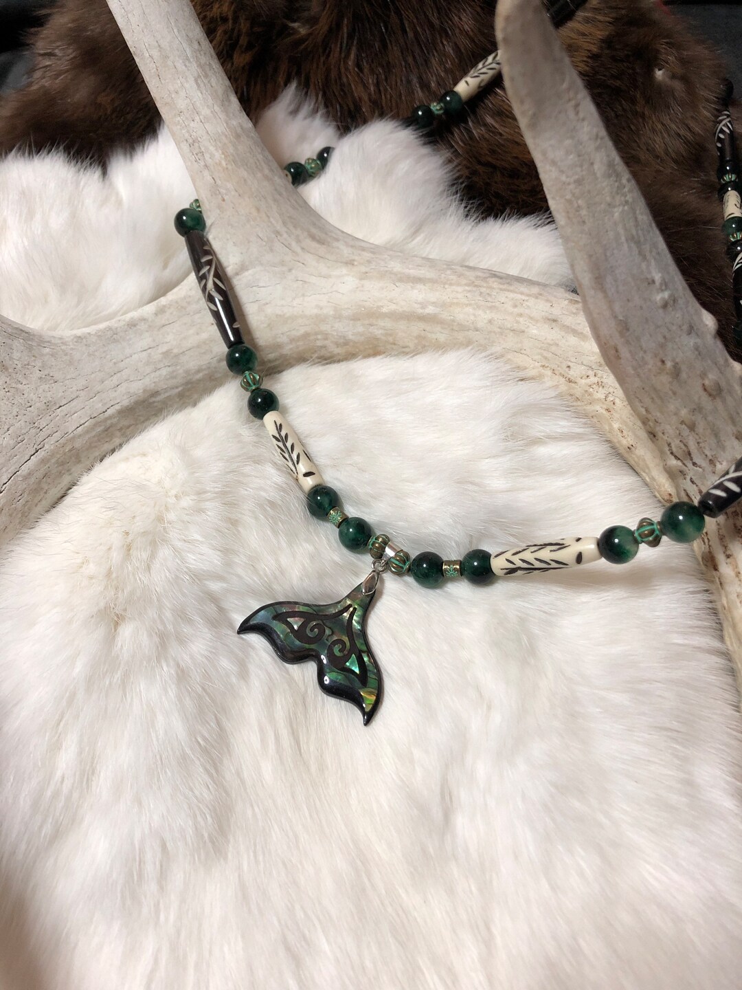Native American Made Abalone Whale Tail Necklace With Jade - Etsy