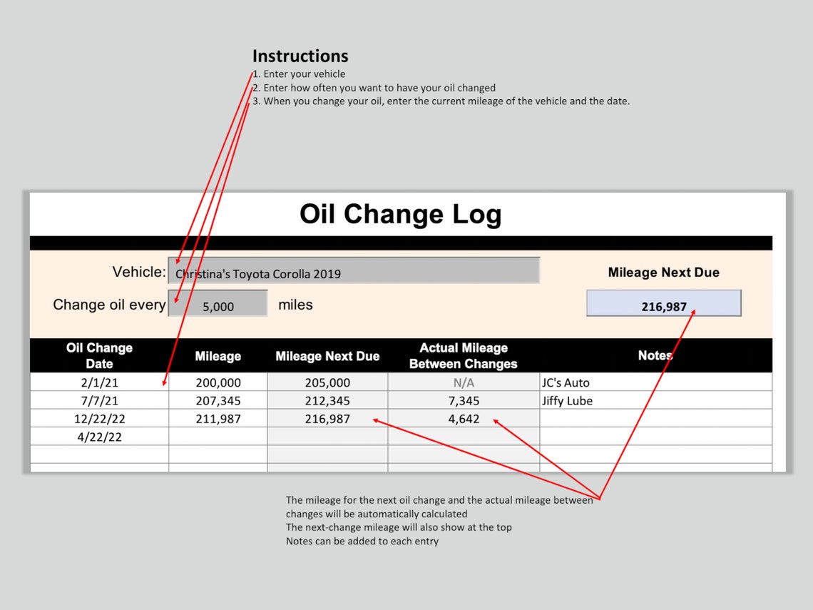 Oil Change Log, Oil Change Calculator, Oil Change Sheet, Downloadable ...
