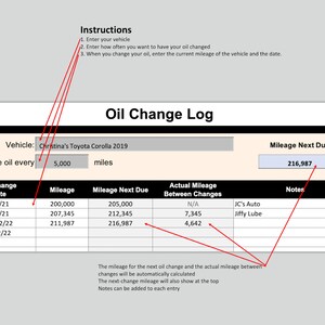 Oil Change Log, Oil Change Calculator, Oil Change Sheet, Downloadable ...