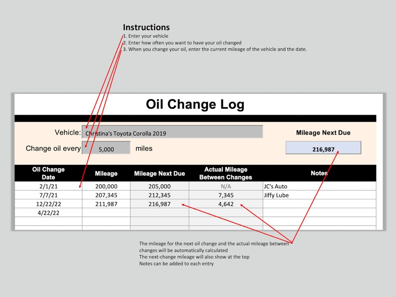 Oil Change Log, Oil Change Calculator, Oil Change Sheet, Downloadable ...