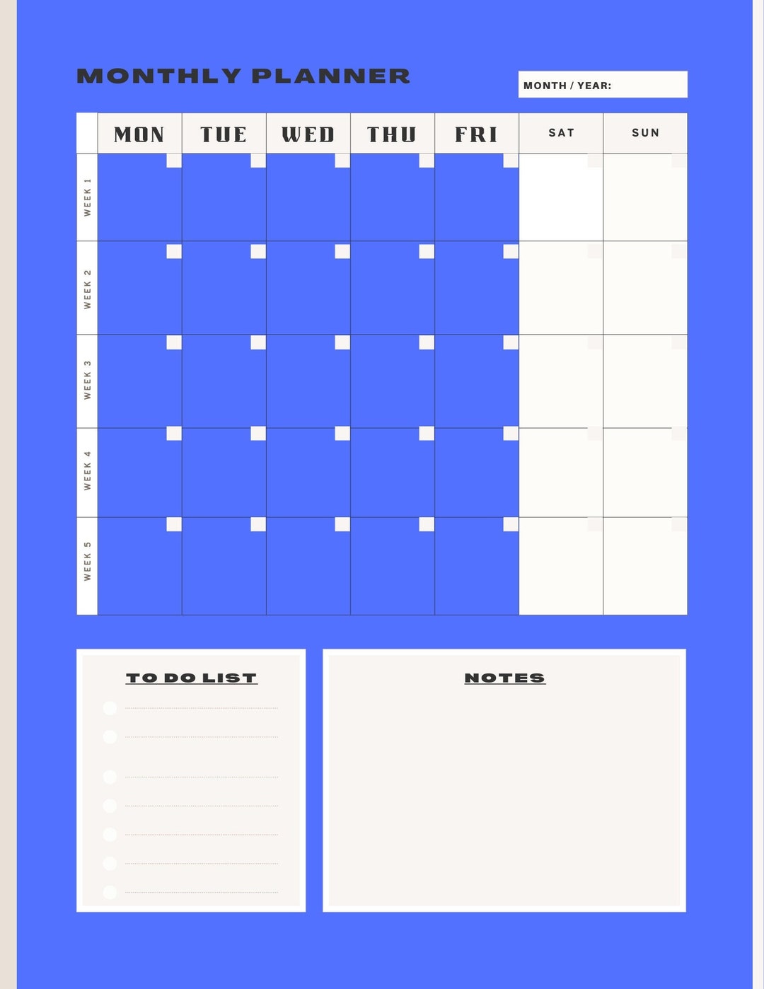 Digital Monthly Calendar With Fillable Fields With a Relaxing Blue ...