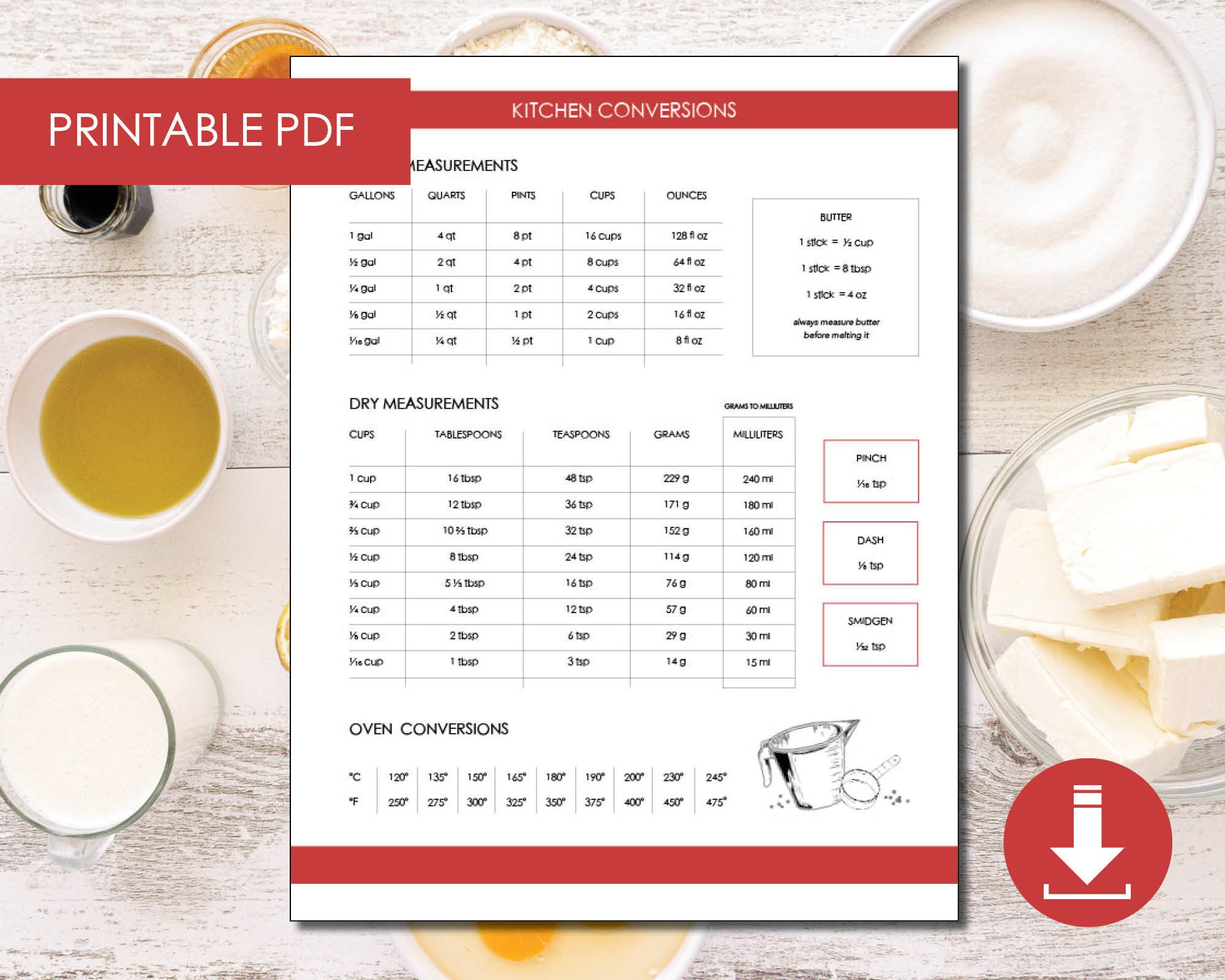 Kitchen Conversion Chart Printable - 1 Page Guide / Kitchen ...
