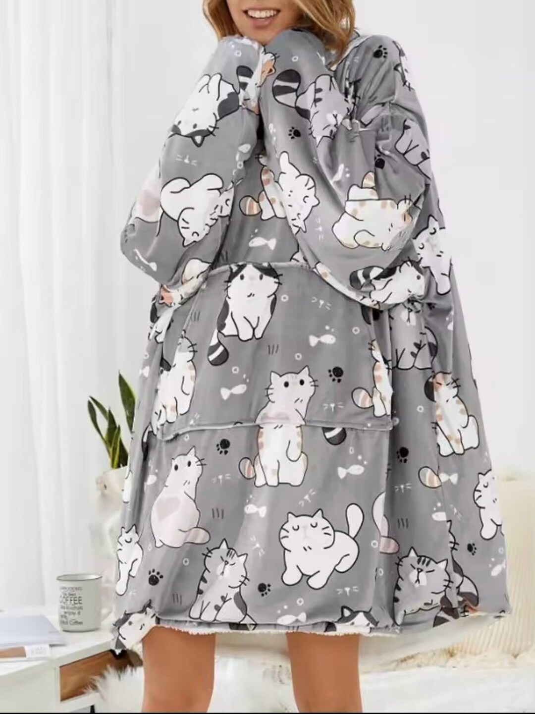Grey Cat Oversized Hoodie Blanket for Adult, Wearable Blankets for ...