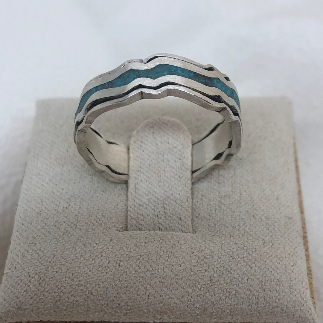 Sterling Silver Wavy Turquoise Inlay Band Ring Stacking Ring Stacker ...