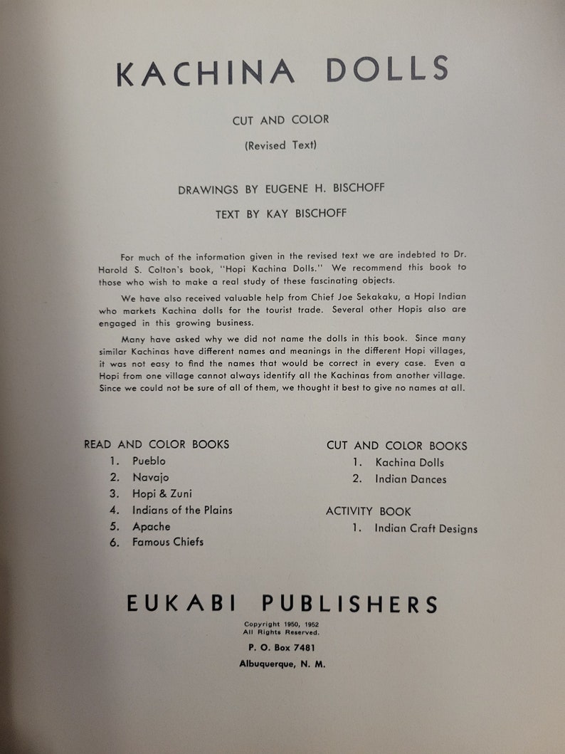 Kachina Dolls Cut and Color - 1952 Eukabi Publishers - 18 Dolls Eugene ...