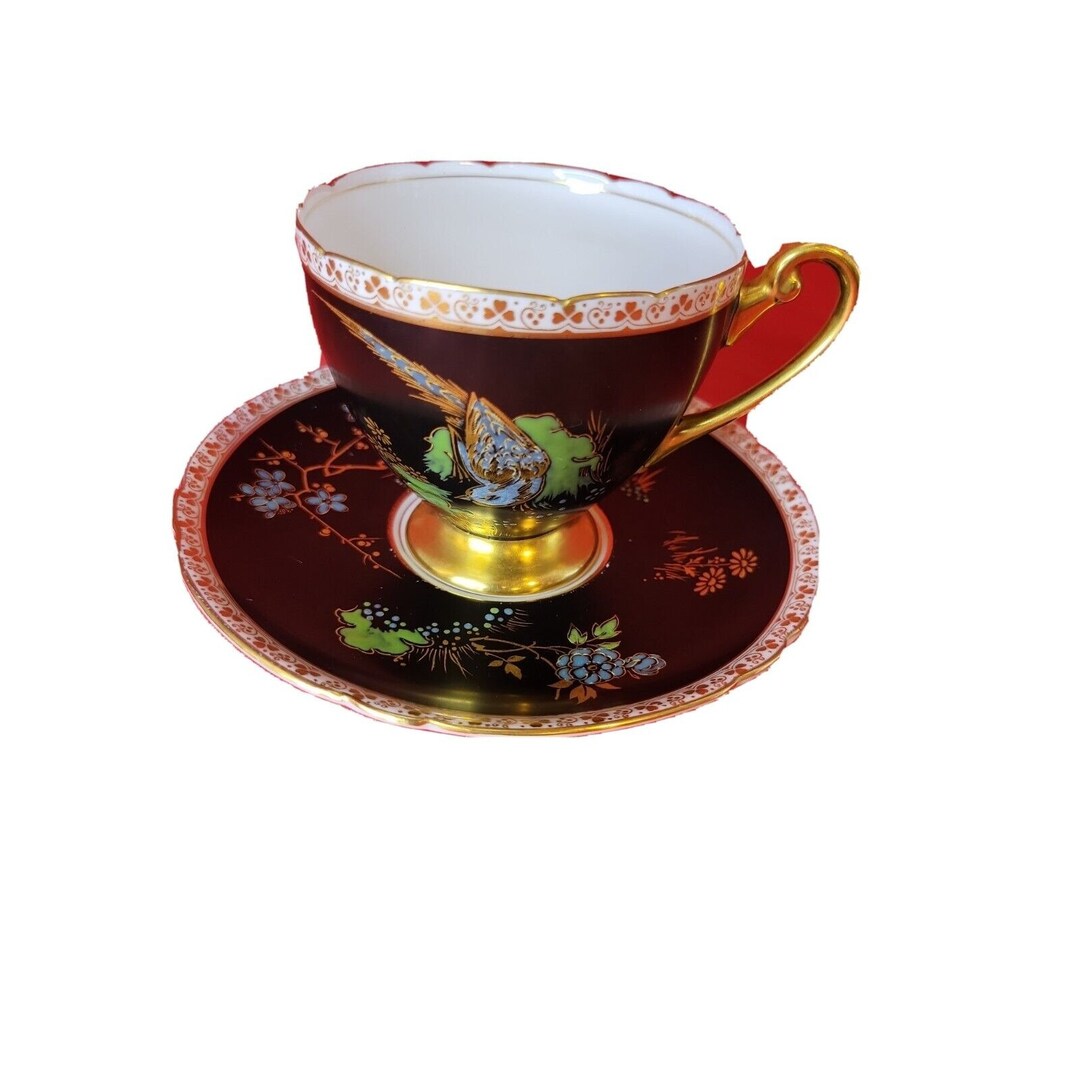 Shelley Exotic Bird Black Cup & Saucer Ripon Shape Hand Decorated ...