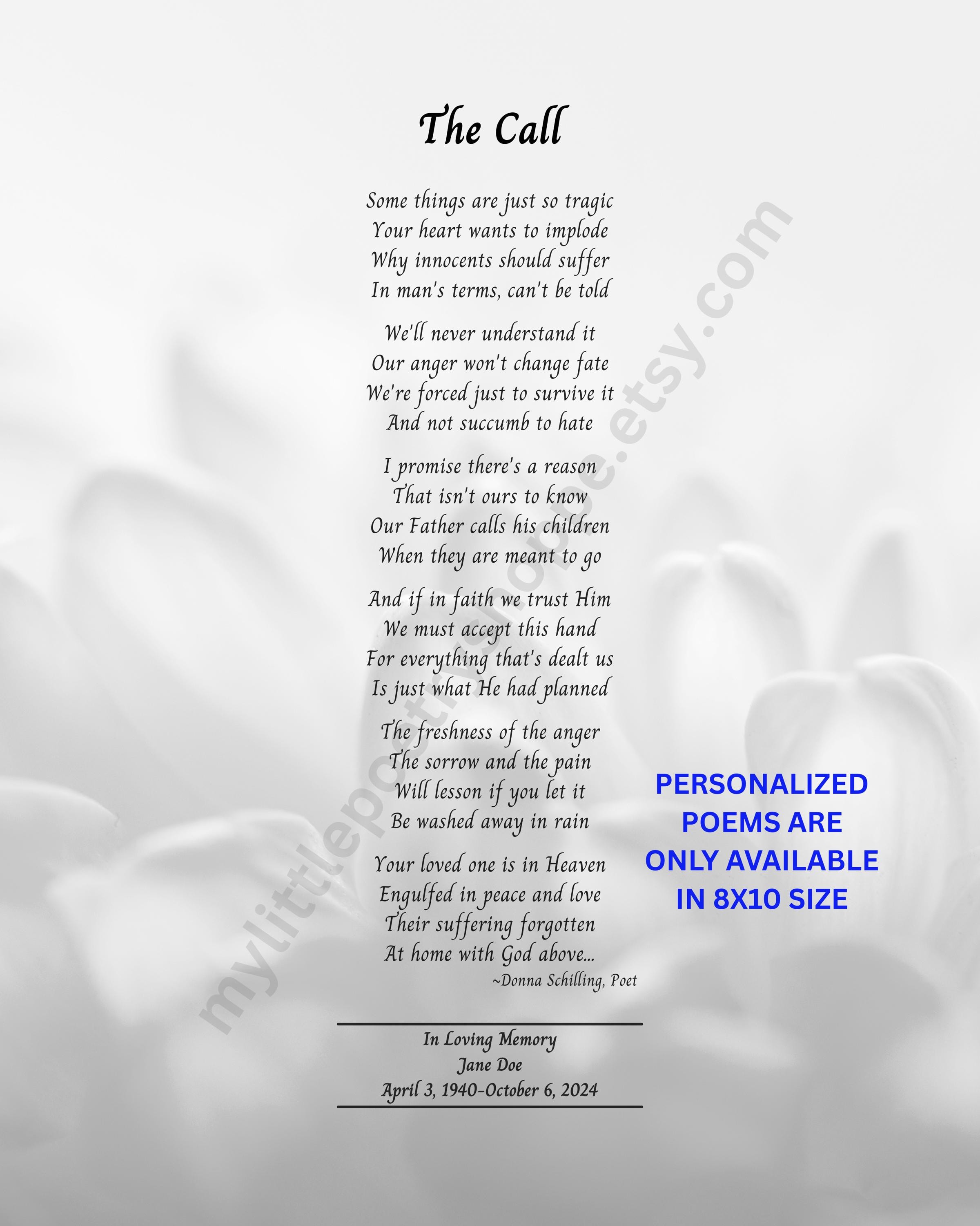PRINTED Sympathy Poem: "the Call," Bereavement, Memory, Unexpected Loss ...