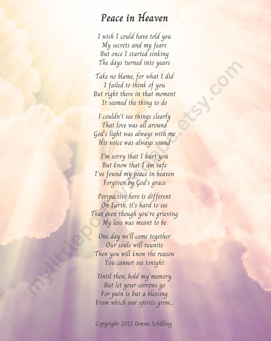 Peace in Heaven Sympathy Poem, Bereavement Poem, Memory Poem, Funeral ...