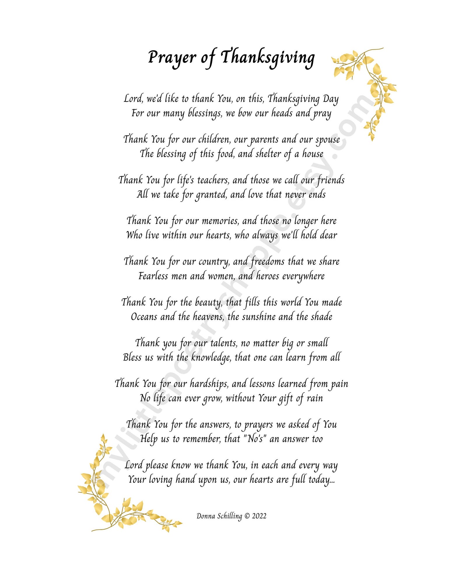 PRINTED Thanksgiving Poem: "prayer of Thanksgiving," Holiday, Blessings ...