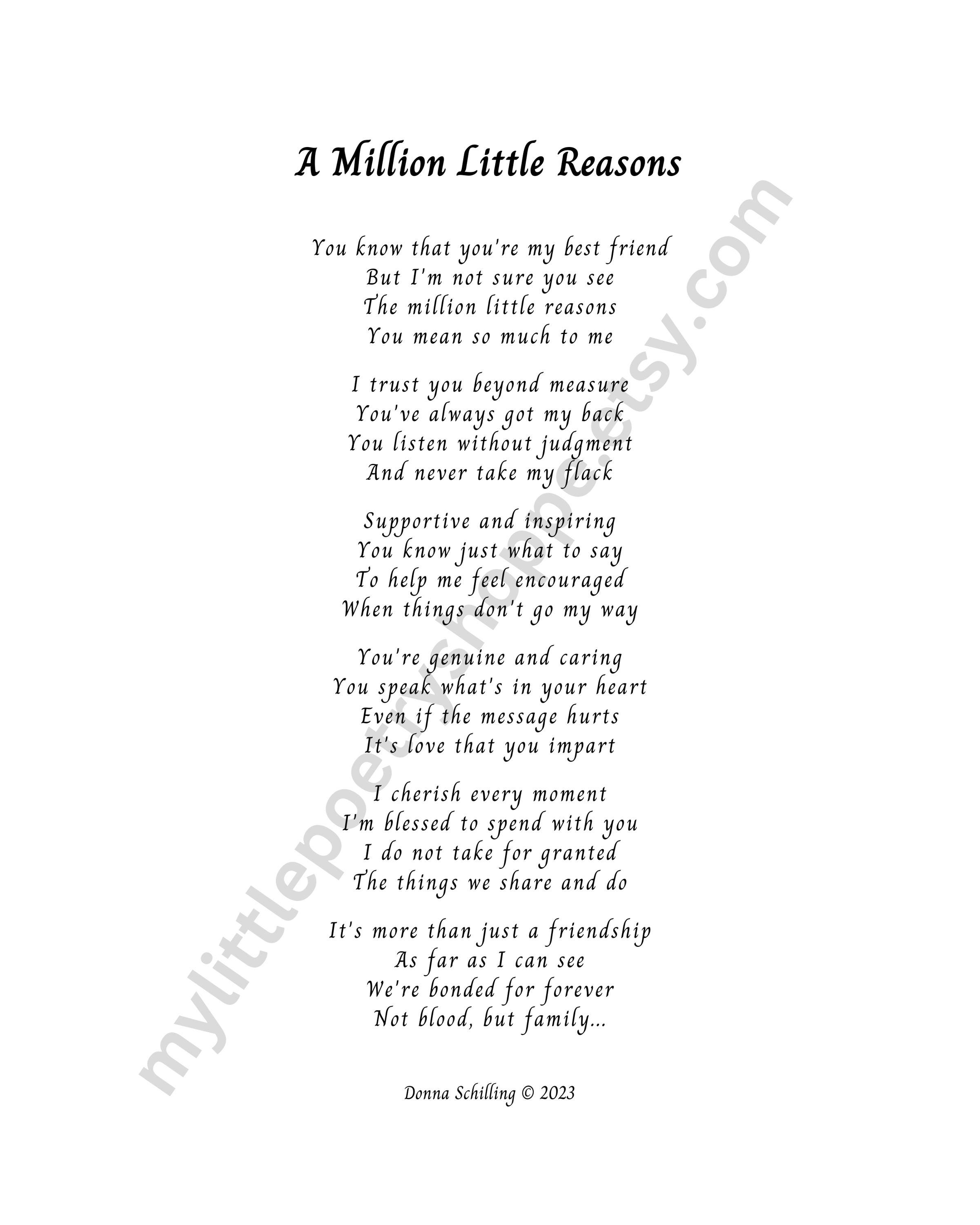 A Million Little Reasons - INSTANT DIGITAL DOWNLOAD, Friend Poem, Best ... A Million Little Reasons - INSTANT DIGITAL DOWNLOAD, Friend Poem, Best ...