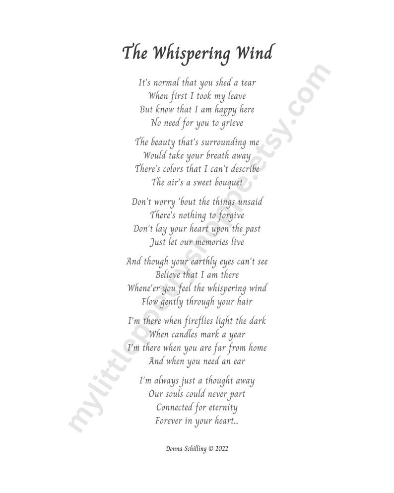 PRINTED Sympathy Poem: "the Whispering Wind," Remembrance, Funeral ...