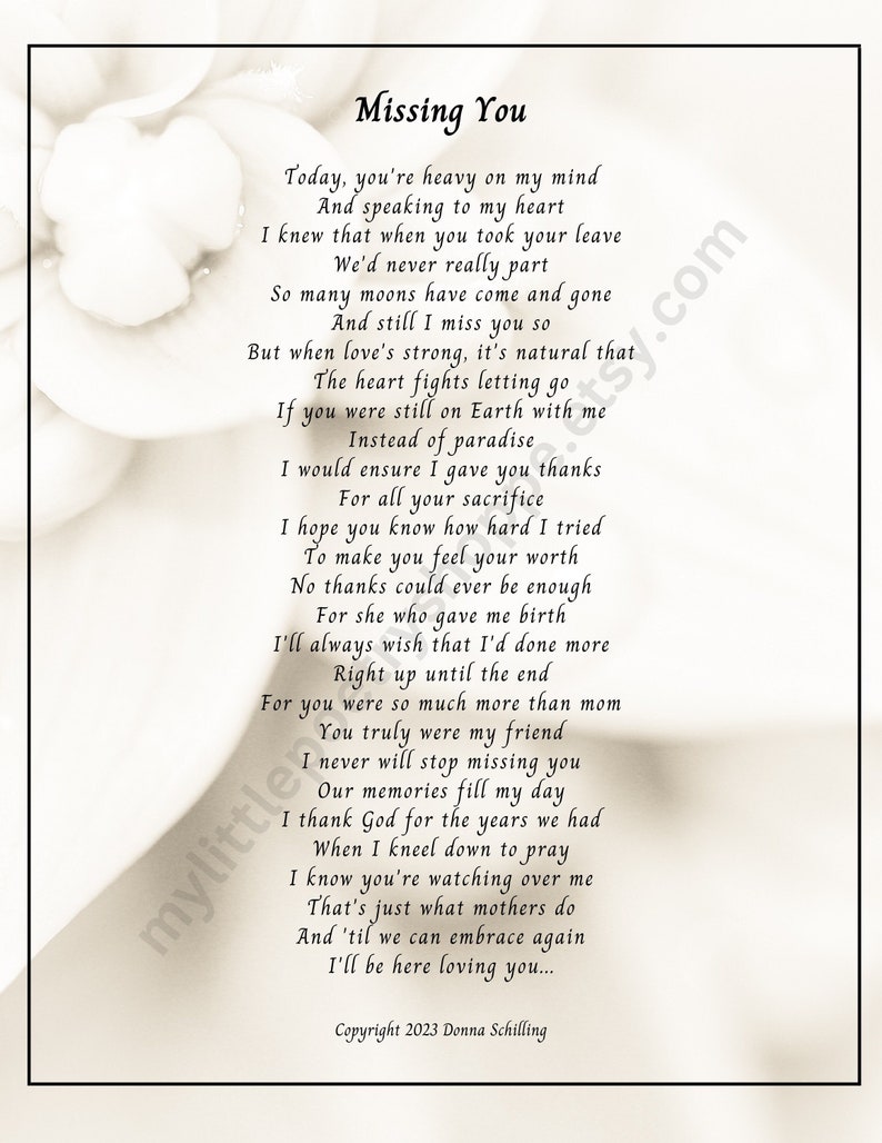 Missing You-sympathy Poem, Remembrance Poem, Funeral Poem, Bereavement Poem, Mother's Day Poem ...