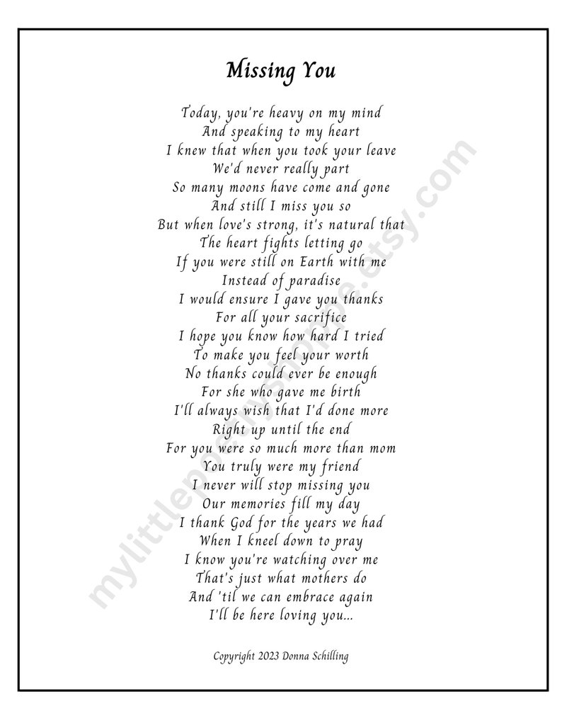 Missing You-sympathy Poem, Remembrance Poem, Funeral Poem, Bereavement ...