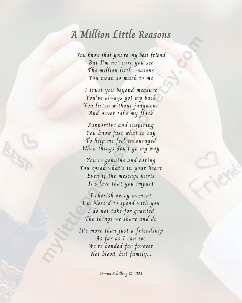 A Million Little Reasons - INSTANT DIGITAL DOWNLOAD, Friend Poem, Best ...