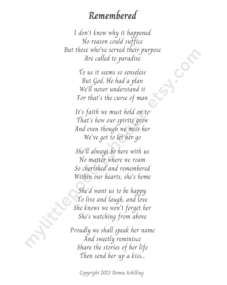 INSTANT DOWNLOAD Sympathy: "remembered (for Her)," Remembrance, Funeral ...