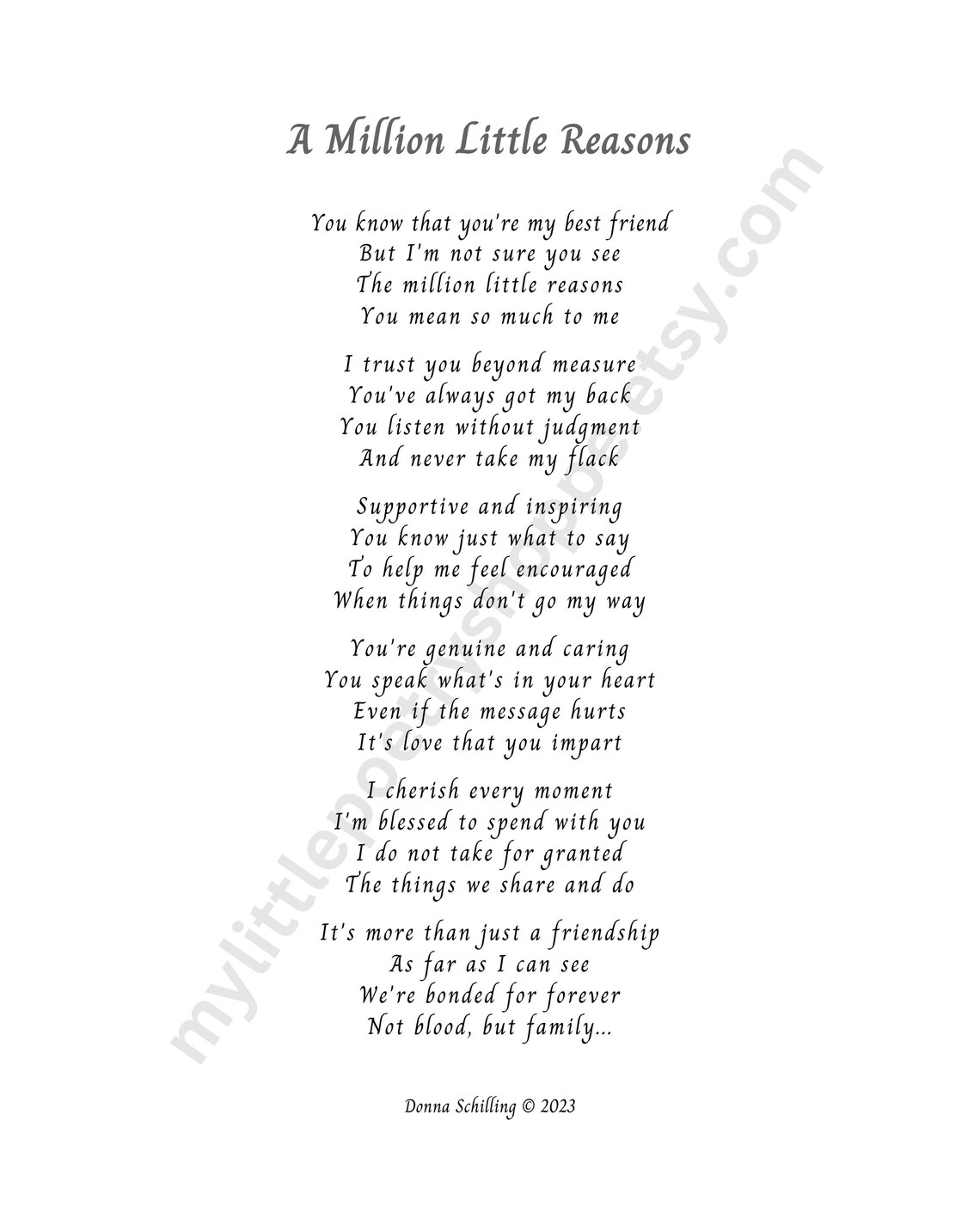 A Million Little Reasons - INSTANT DIGITAL DOWNLOAD, Friend Poem, Best ...
