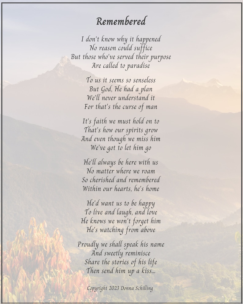 Remembered for Him Sympathy Poem Remembrance/funeral - Etsy