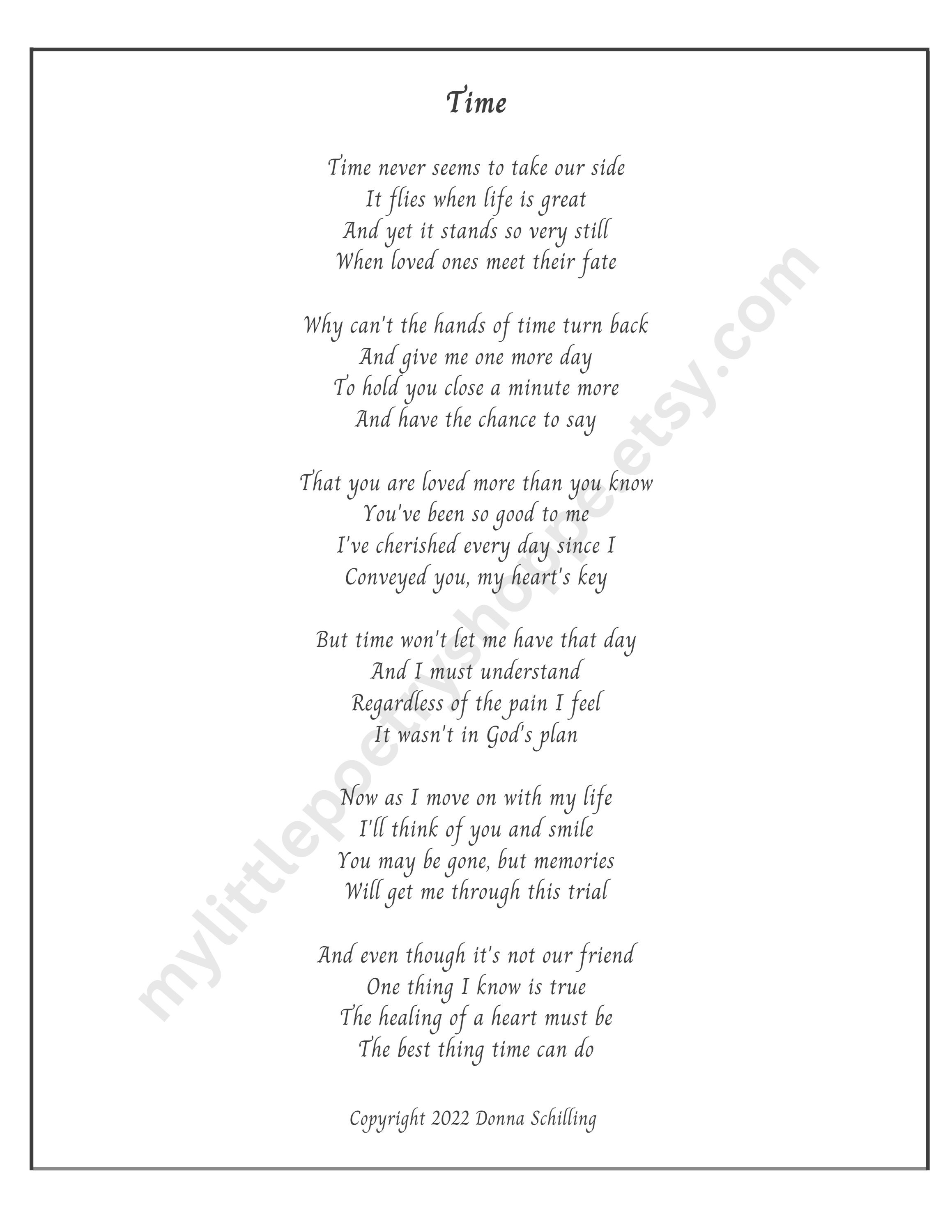 Time Sympathy Poem, Remembrance Poem, Funeral Poem, Bereavement Poem ...