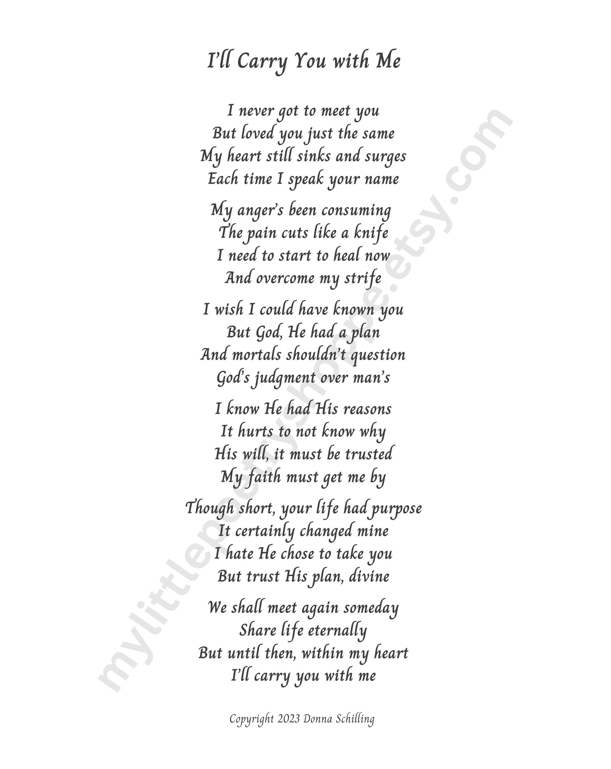 I'll Carry You With Me- Sympathy Poem, Bereavement Poem, Memory Poem ...