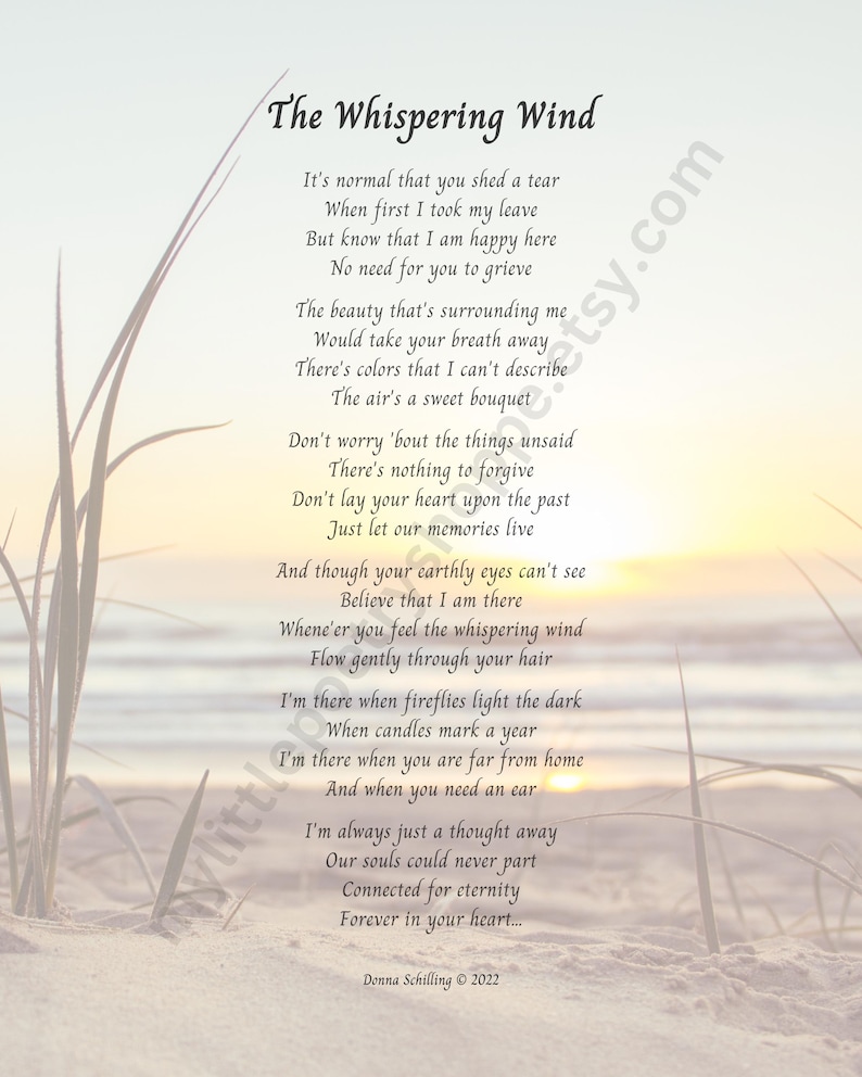 PRINTED Sympathy Poem: "the Whispering Wind," Remembrance, Funeral ...