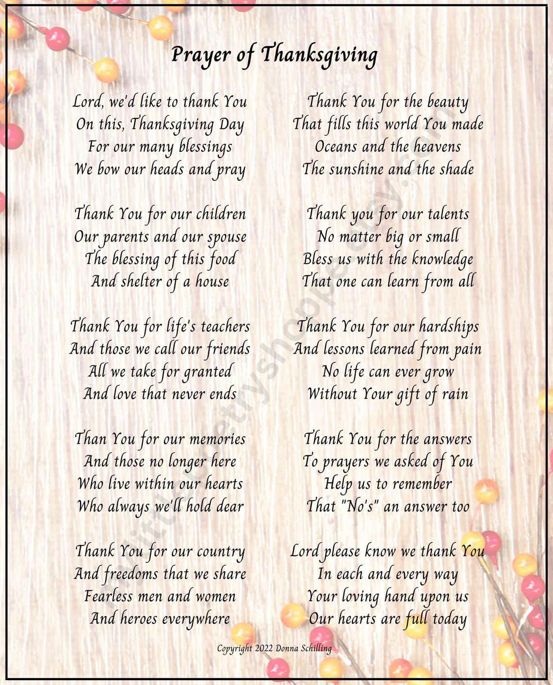 Prayer of Thanksgiving, INSTANT DIGITAL DOWNLOAD, Thanksgiving Poem ...