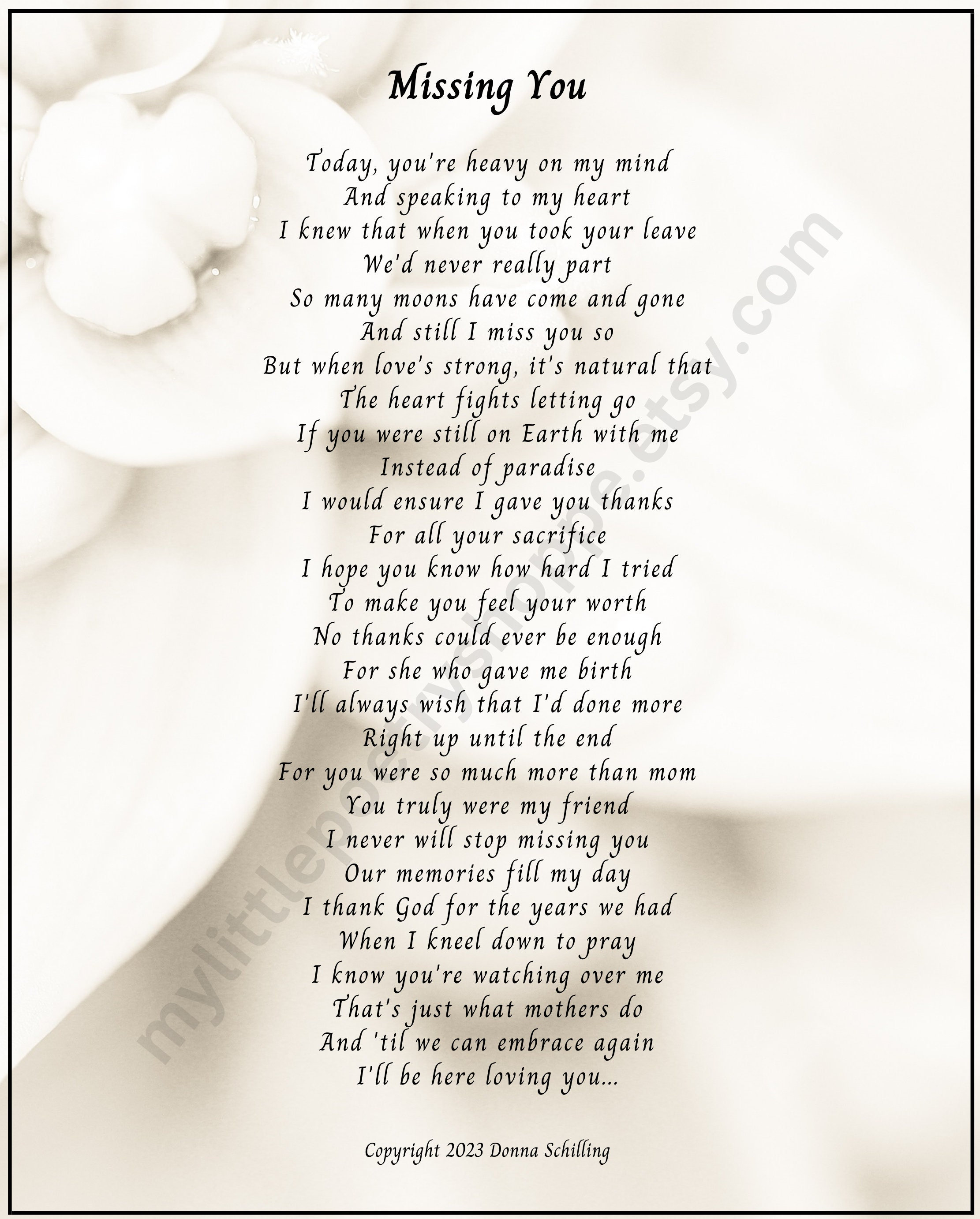 Missing You-sympathy Poem, Remembrance Poem, Funeral Poem, Bereavement ...