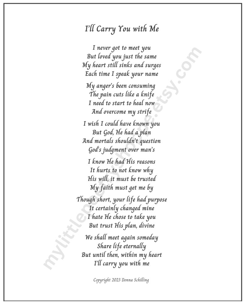 I'll Carry You With Me Sympathy Poem, Bereavement Poem, Memory Poem ...