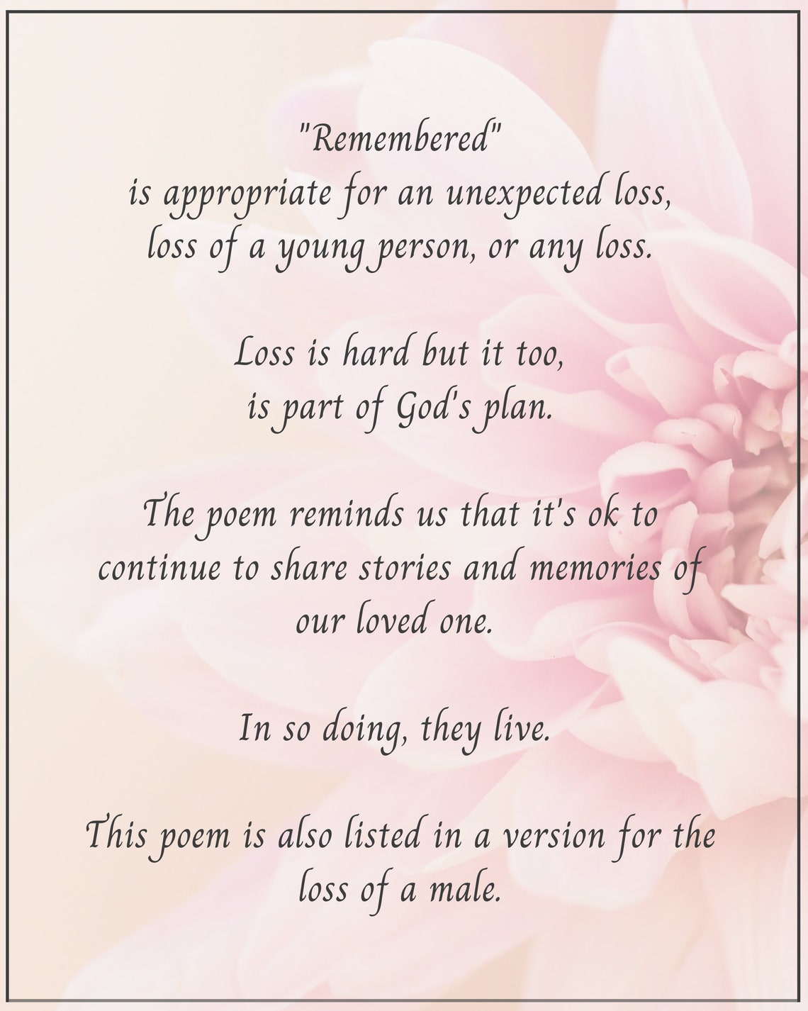 Remembered for Her Sympathy Poem, Remembrance/funeral Poem, Memory Poem ...