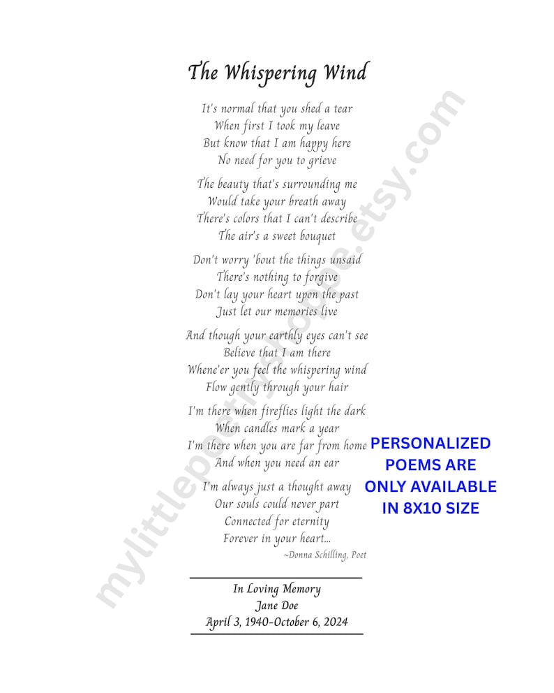 PRINTED Sympathy Poem: "the Whispering Wind," Remembrance, Funeral ...