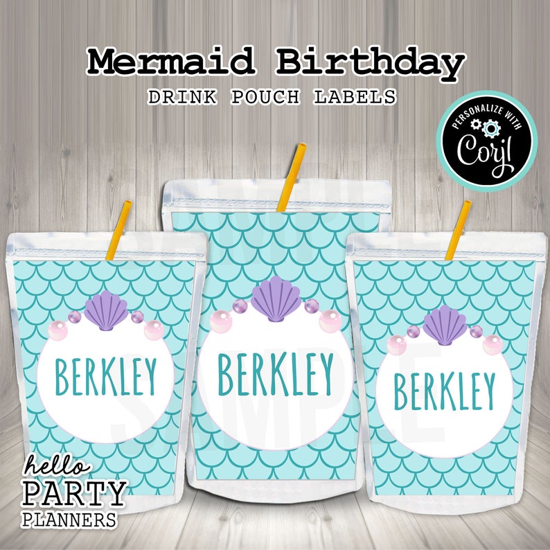 EDITABLE Mermaid Birthday Fruit Juice Pouch Label, Personalized Treat ...