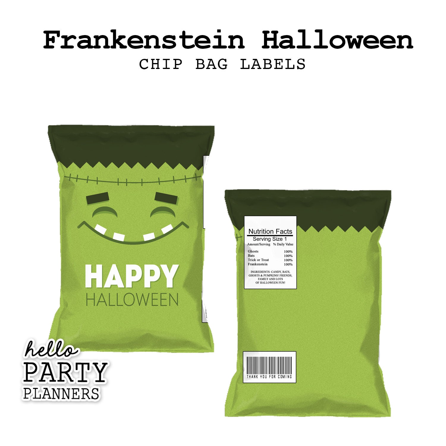 Halloween Chip Bag Labels, Frankenstein Treat Label, Chip Bag Label ...