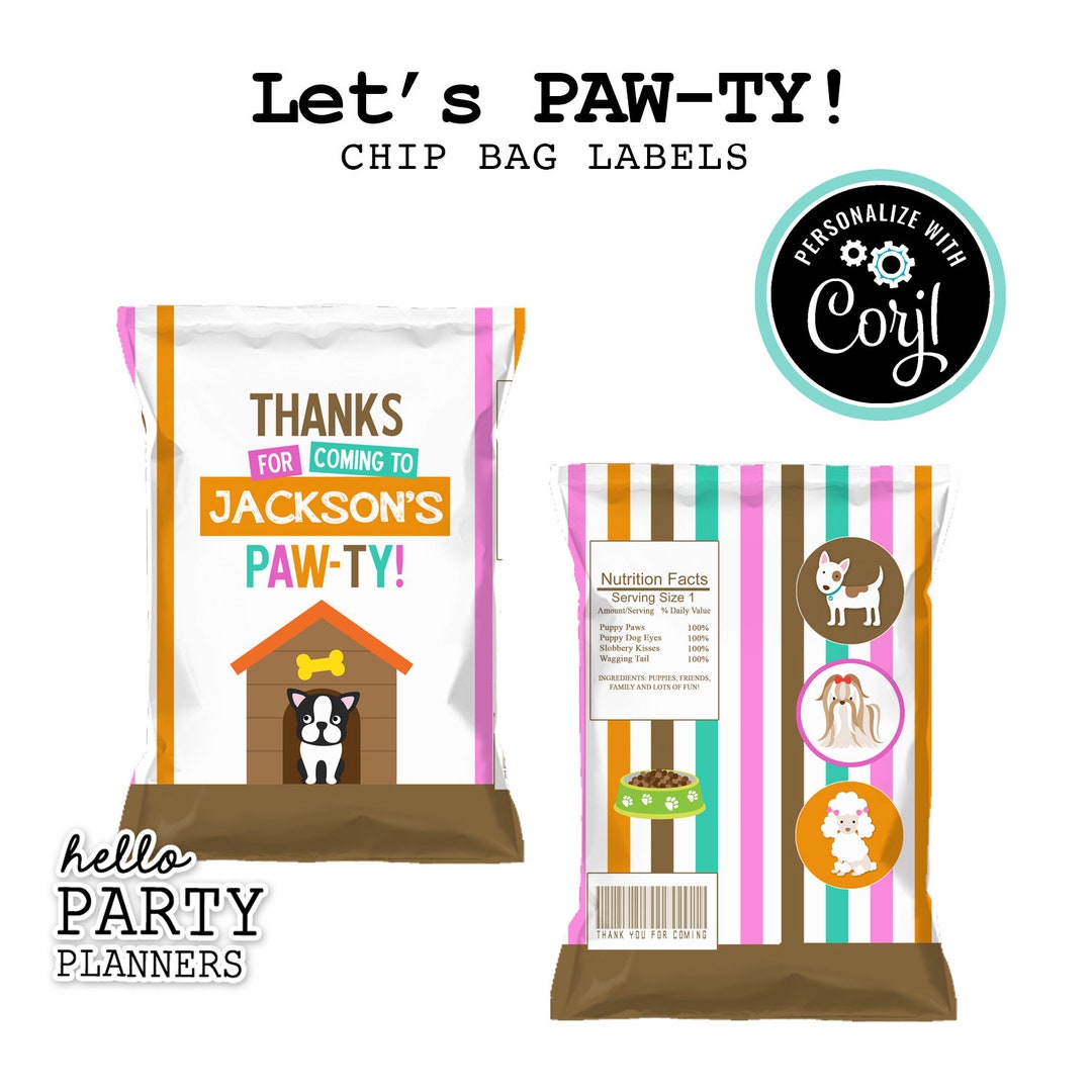 Puppy Pawty Chip Bag Labels, Editable Dog Birthday Template (instant ...